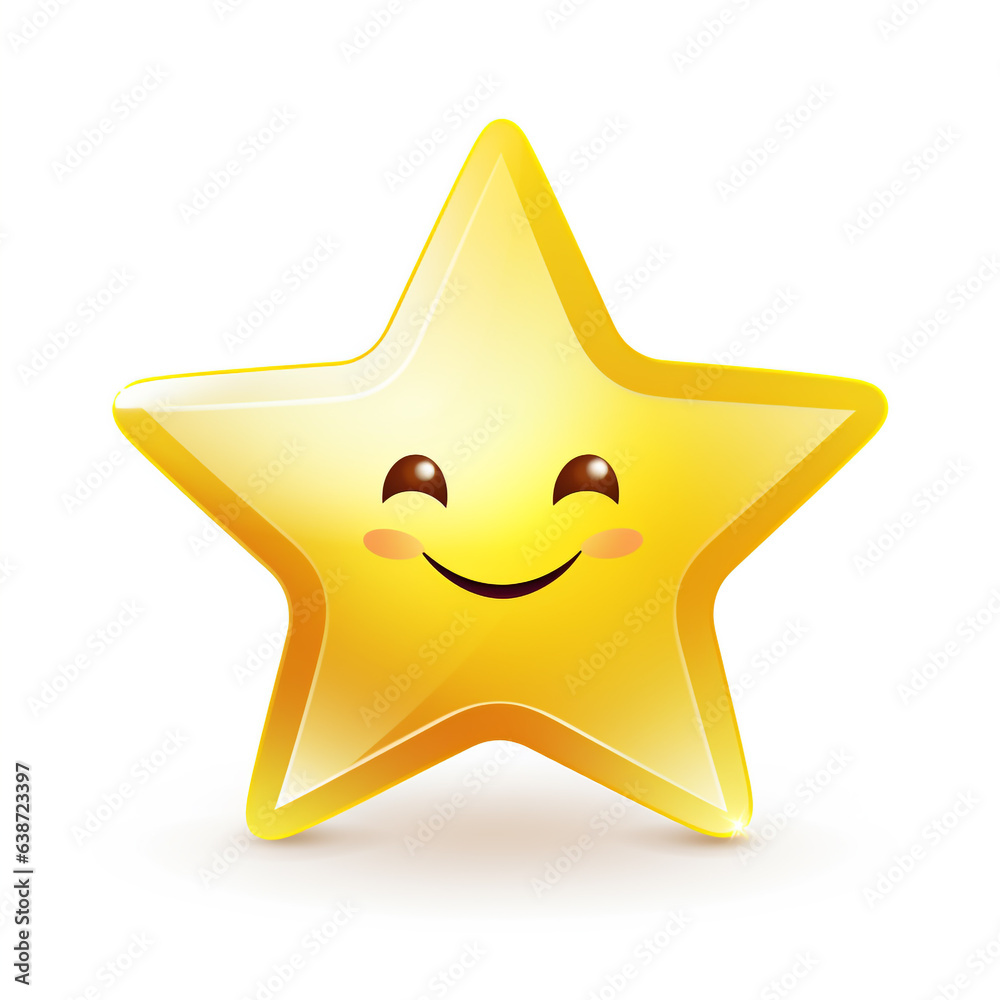 gelber goldener fröhlicher lachender Stern mit Gesicht (Augen und Mund ...