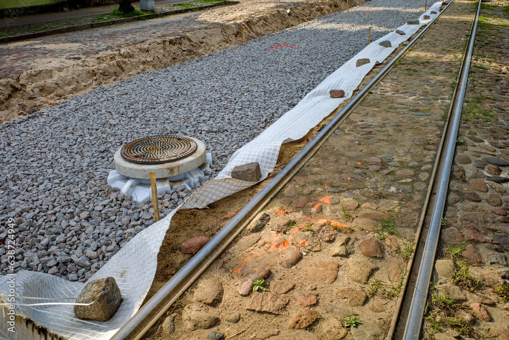 Installation of tram lines. Narrow gauge railway. Stock Photo | Adobe Stock