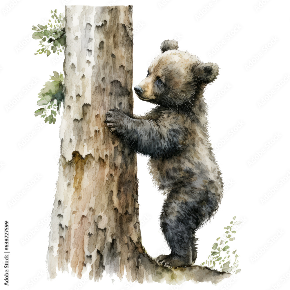 Baby bear climbing tree watercolor clipart. Generative AI illustration ...