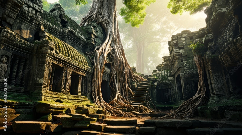 Giant ancient tree roots intertwining with ancient ruins | generative ...