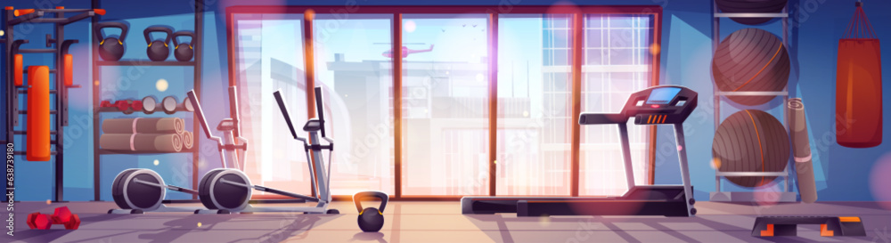 Gym interior with exercise equipment for active lifestyle and physical ...