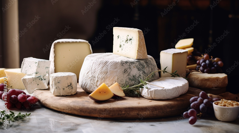 Generative AI, Different types of cheese on the table, aesthetic muted ...