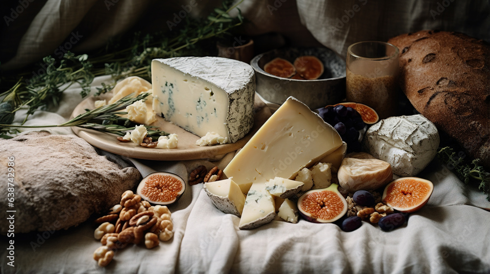 Generative AI, Different types of cheese on the table, aesthetic muted ...