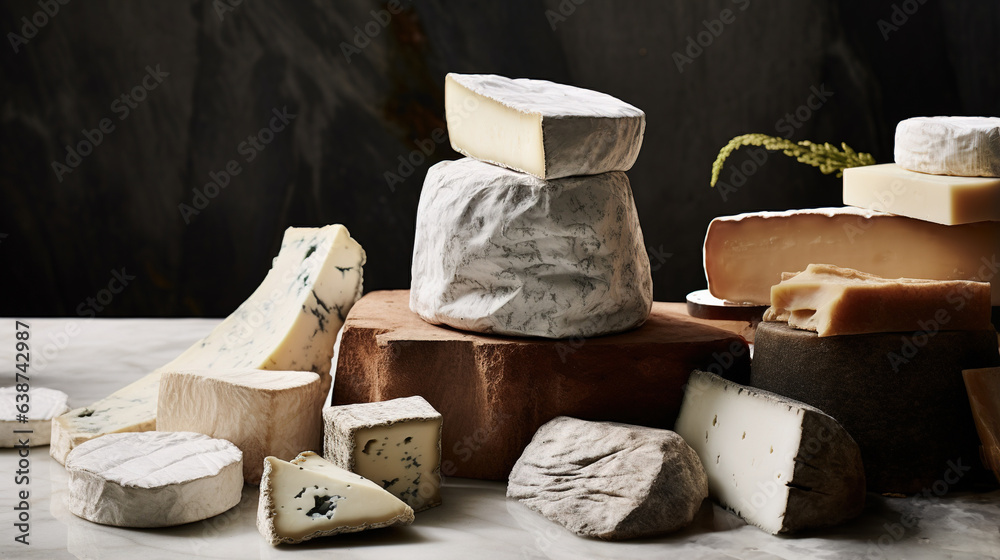 Generative AI, Different types of cheese on the table, aesthetic muted ...