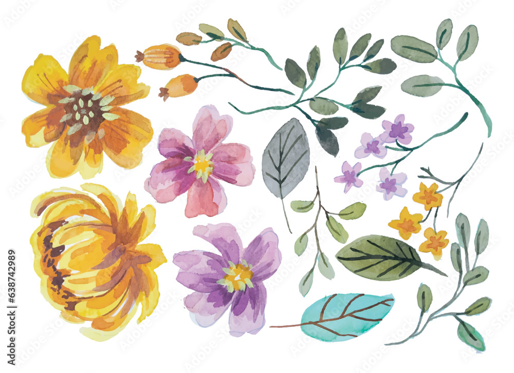 watercolor flower elements clipart isolated background Stock Vector ...