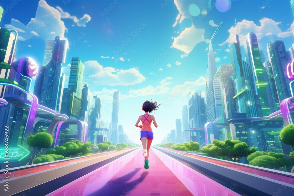 Woman Running Marathon on Green City Road 3d Render, Cute Runner ...