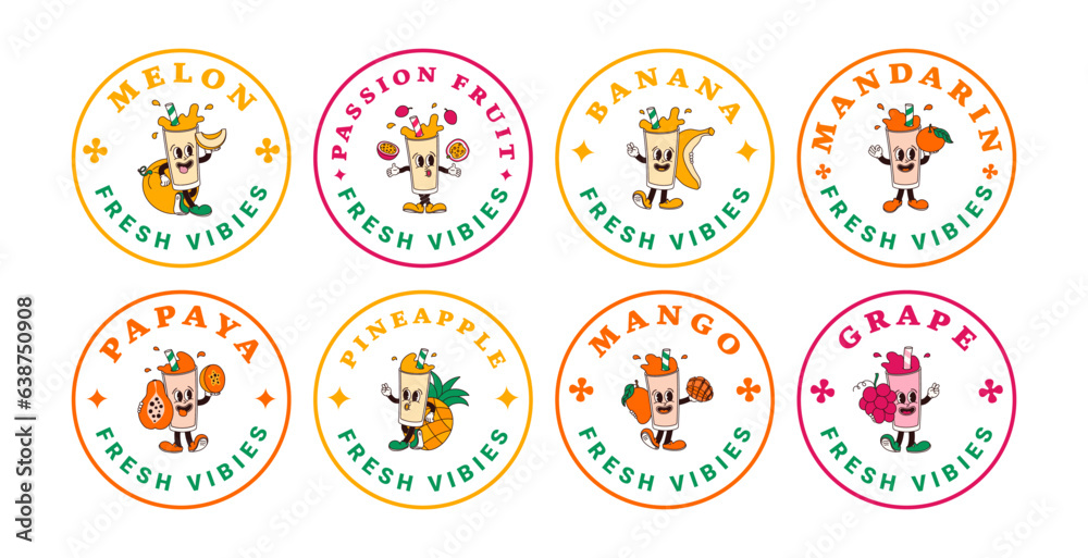 Set of stickers characters of fruit drink from mango, lemonade ...