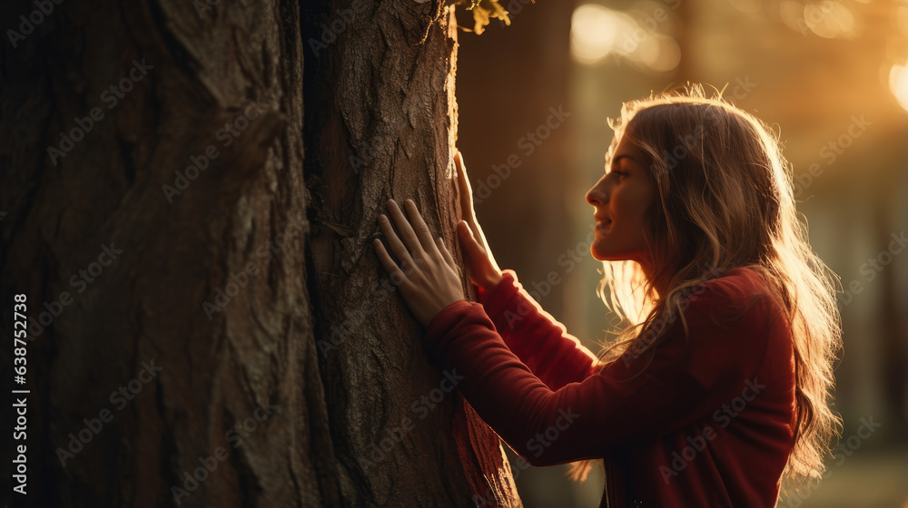 woman hugging tree, people love nature and protect from deforestation ...