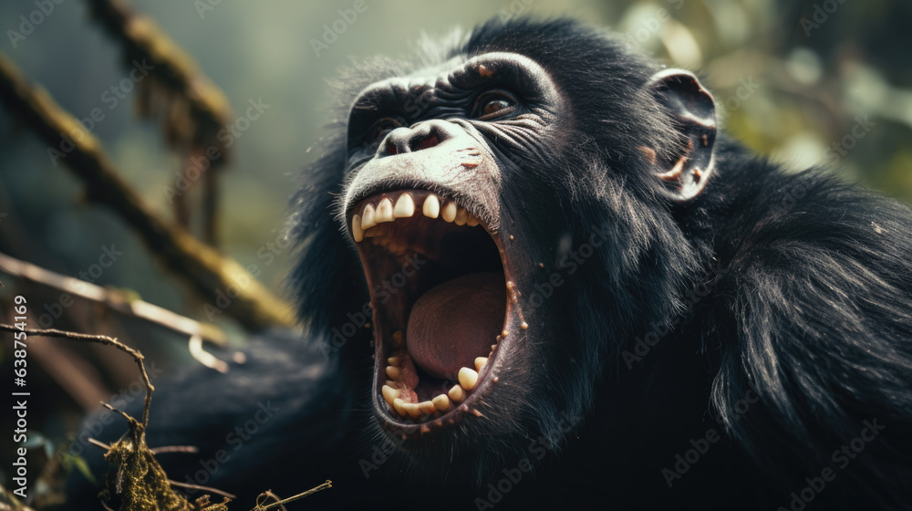 An angry roaring chimpanzee (Pan) with a gaping mouth showing its large ...