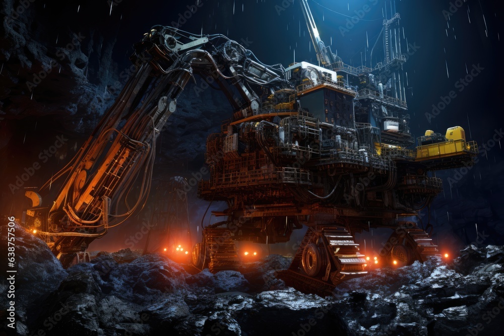 Heavy excavator in the mine at night. 3D rendering. massive deep sea ...