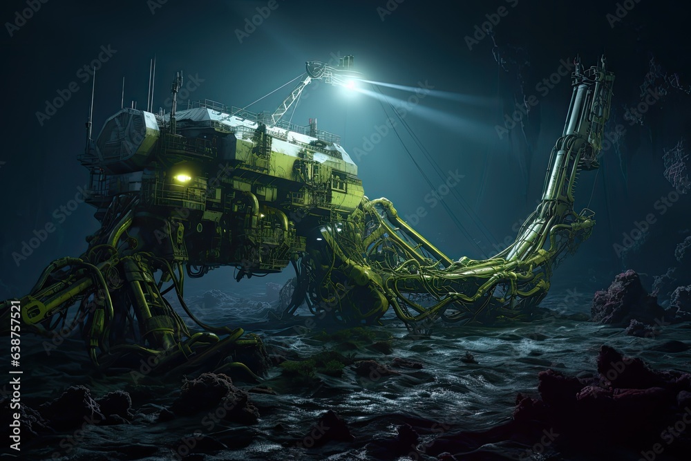 Spaceship in the deep sea. 3d render illustration. massive deep sea ...