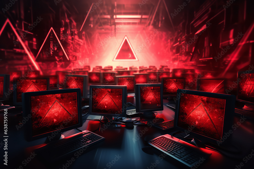An ominous red warning sign illuminates a swarm of computer viruses ...