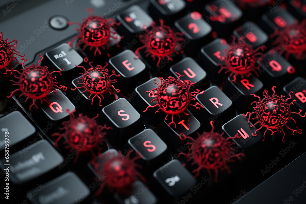 As computer keyboard keys transform into virus symbols, the scene captures the onset of software ...
