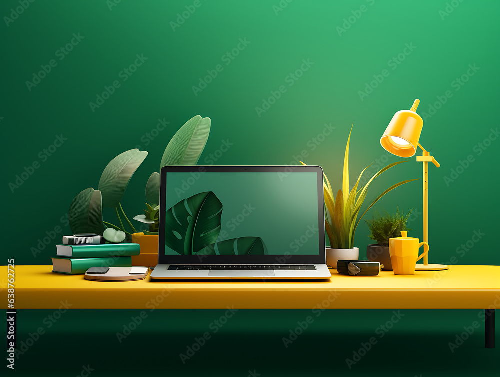 clean desk with transparent background, flat illustration with green ...