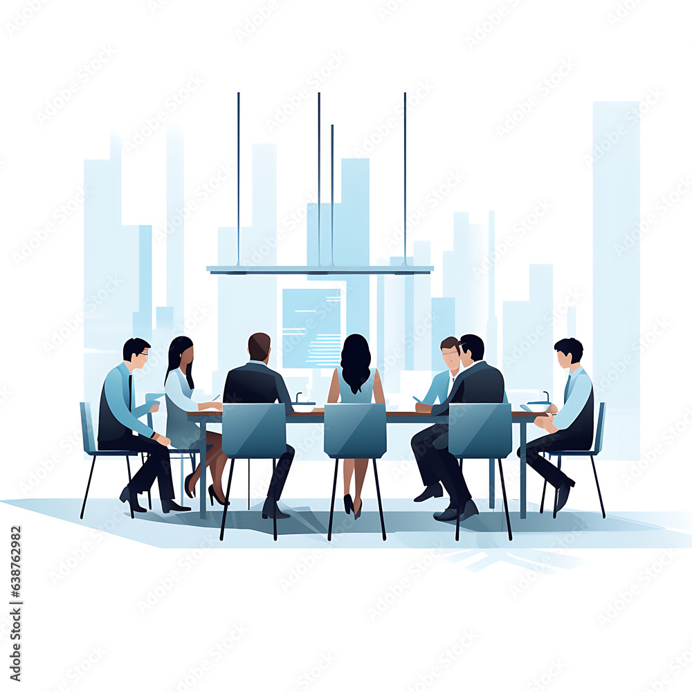 Flat 2D illustration of eight business people in a meeting room for ...