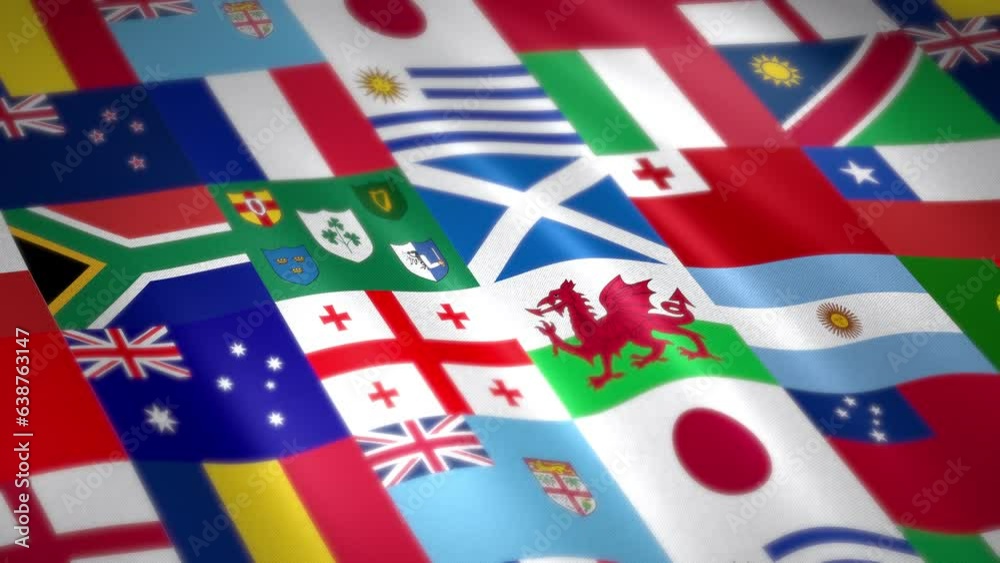 Waving Rugby World Cup 2023 flag with flags of qualified teams. 3D ...