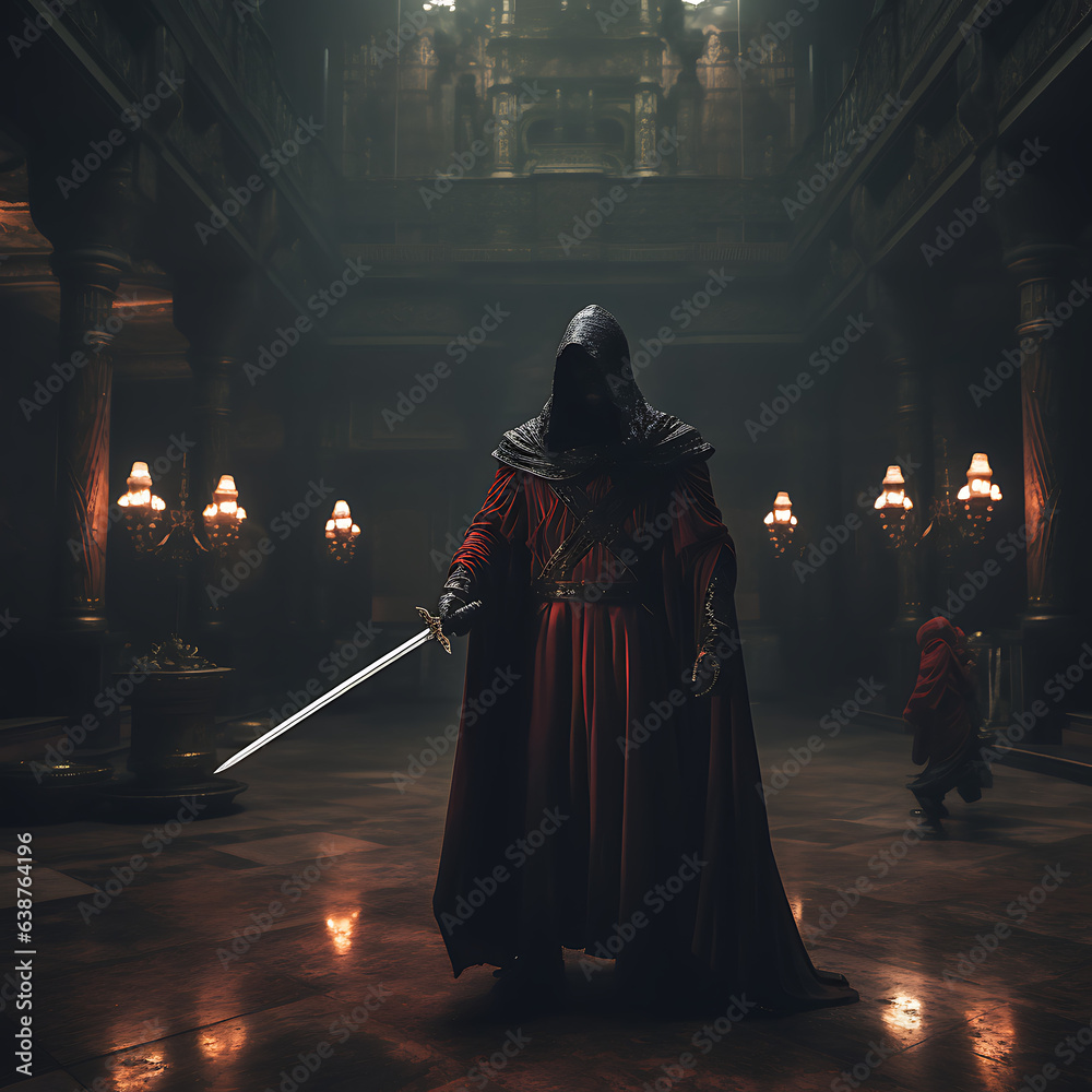 robed and hooded warrior emperor with a metal, demonic mask, wielding a ...