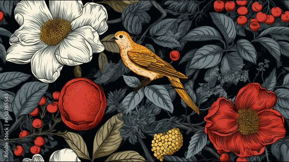 Seamless, looping, vintage, flower, fruit, bird, branch, 4k, animation ...