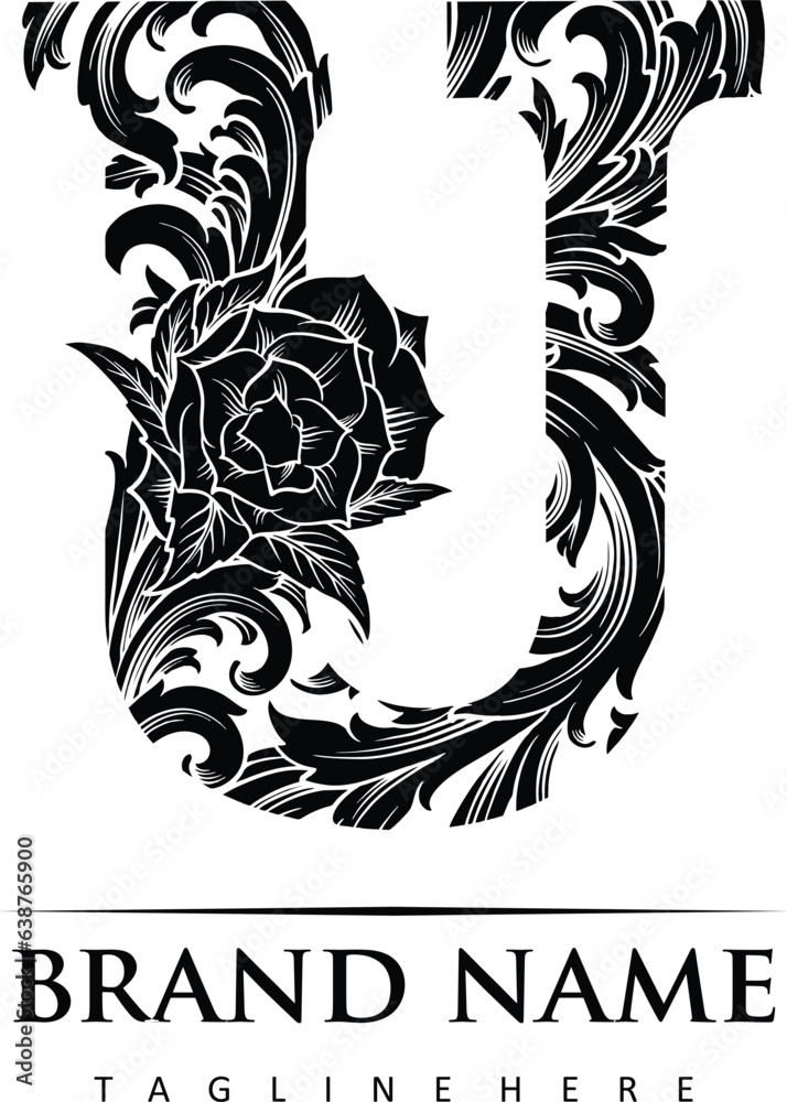 Elegant excellence capital U lettering typography floral illustration ...