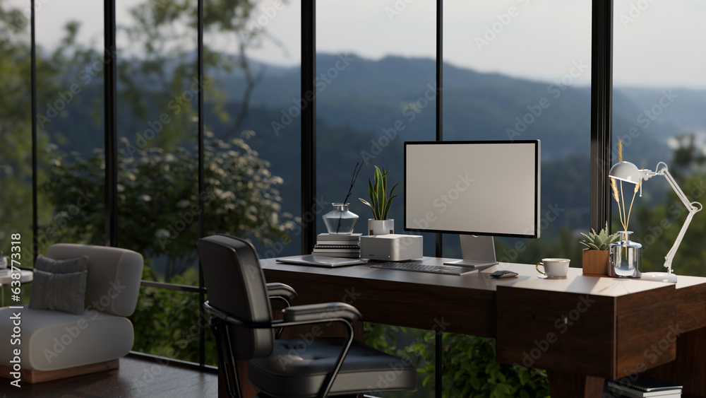A computer desk with a computer in a modern, luxury living room. Home ...