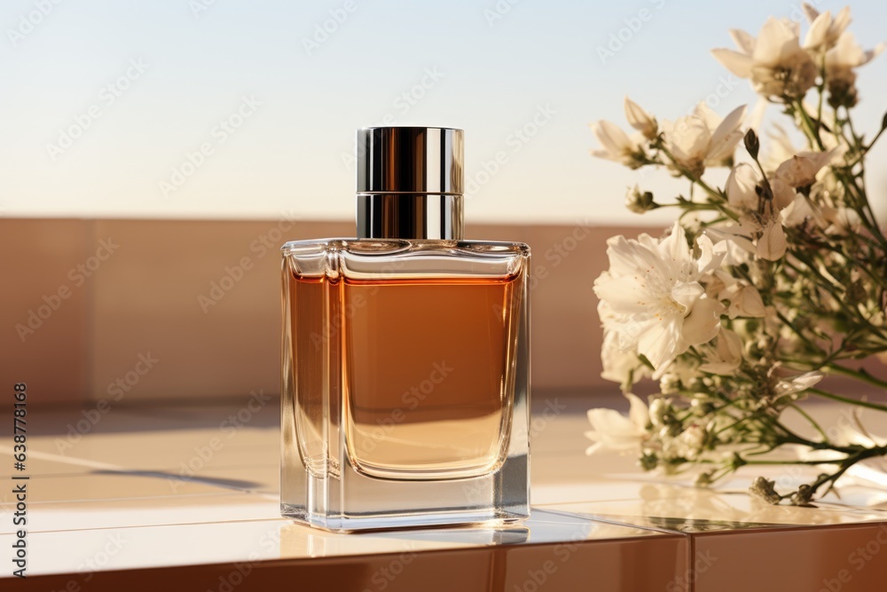 Transparent bottle of essence perfume on biege background with sunlight ...