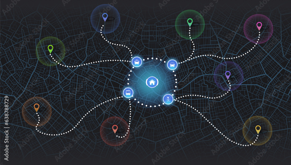 Multiple destinations. GPS map. City street road. Abstract ...