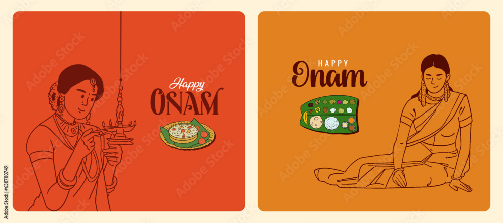 Happy Onam calligraphy with South Indian woman celebrating Onam ...