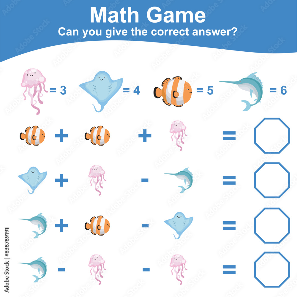 Math game for children additional with sea life theme. Count and write ...