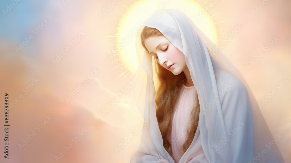 Virgin Mary Mother Of Jesus Christ With Holy Light Looking Down From