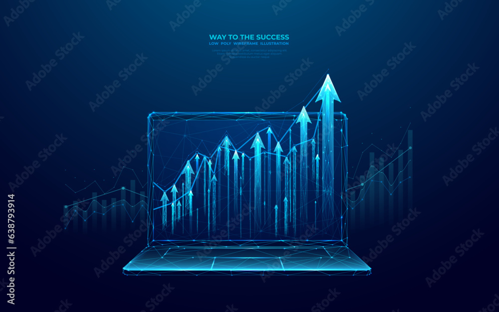 Abstract growing graph chart on a laptop screen. Digital arrows up and ...