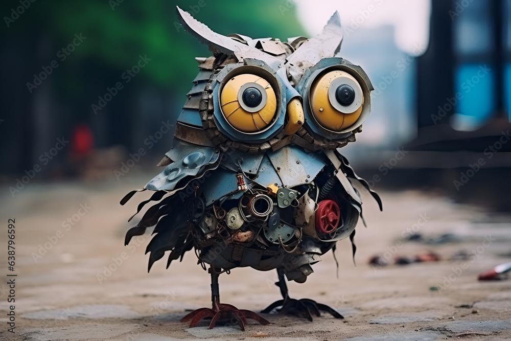 The sculpture of owl made up of scrap metal standing in the street ...