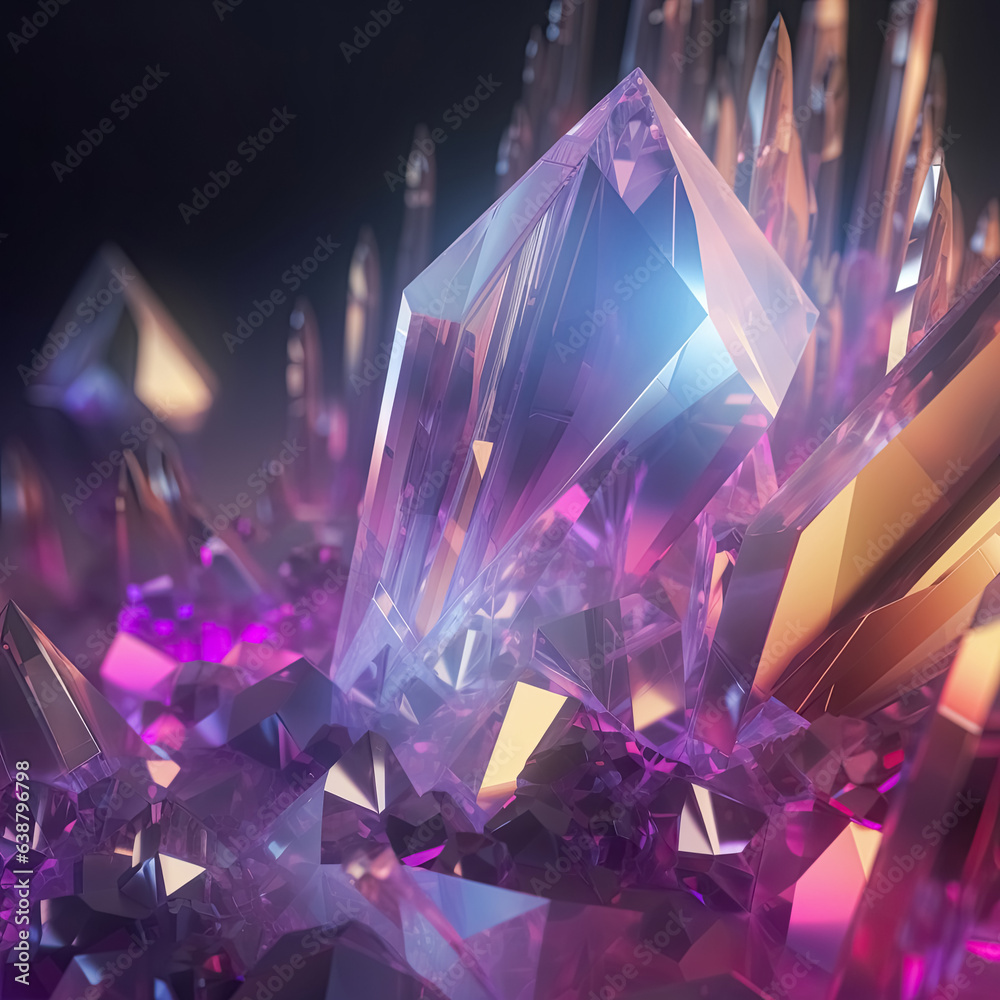 Shiny iridescent crystal glass prisms with color spectrum rays abstract ...