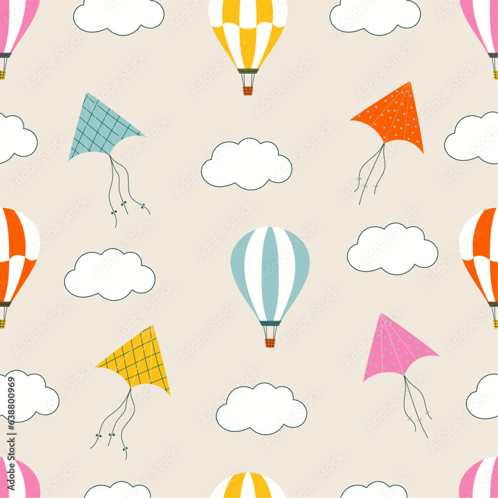 Seamless pattern of cartoon kite and hot air balloon. Cute baby texture ...