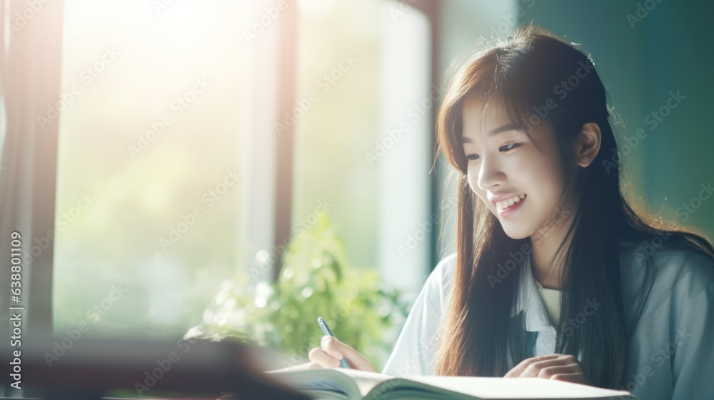 Happy children study in the classroom. Asian girl learn at school ...