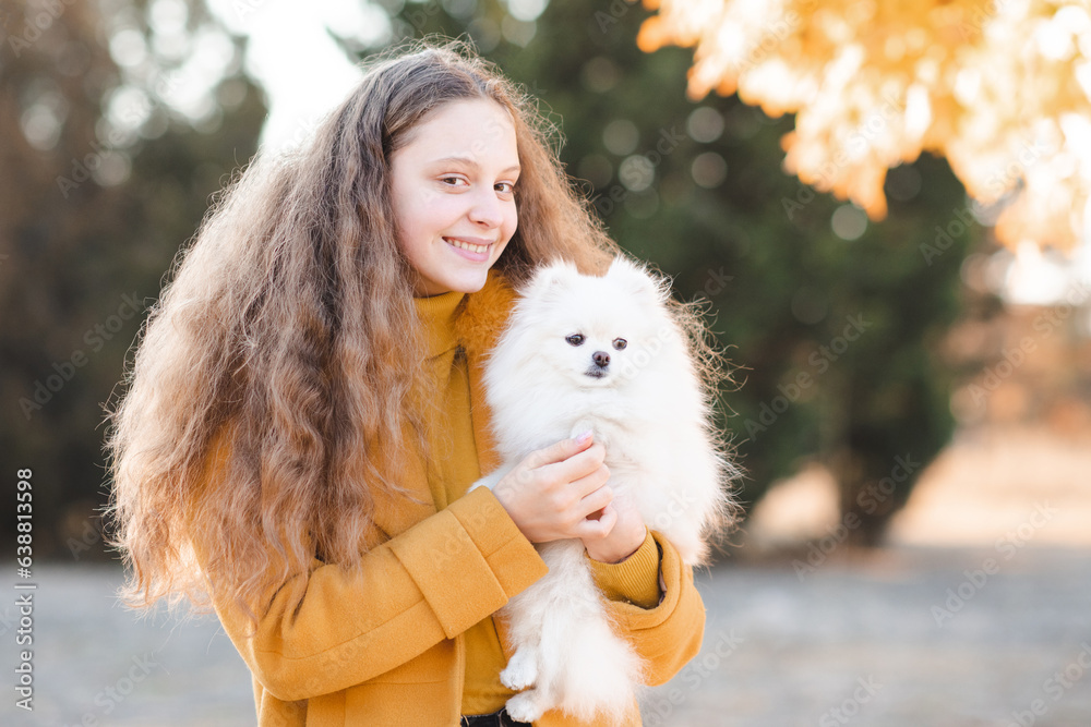 Cute Smiling Teenage Girl 15 16 Year Old Holding White Fluffy Spitz