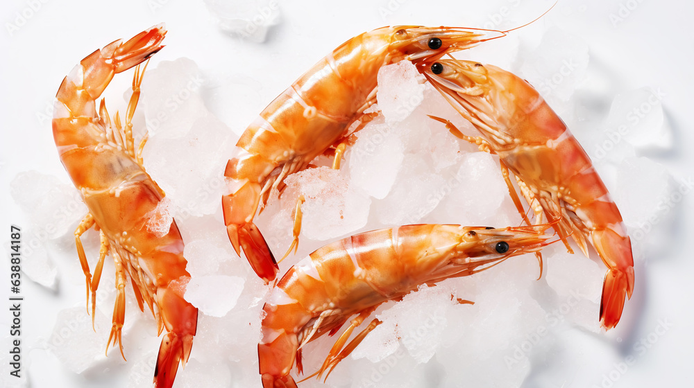 Top view of raw whole king prawns on ice. Seafood background ...