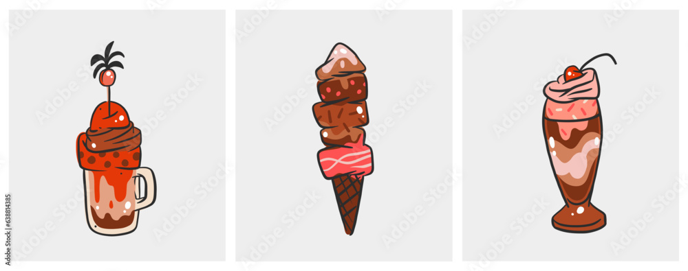 Hand drawn vector abstract cartoon ice creram cone,sundae line art ...