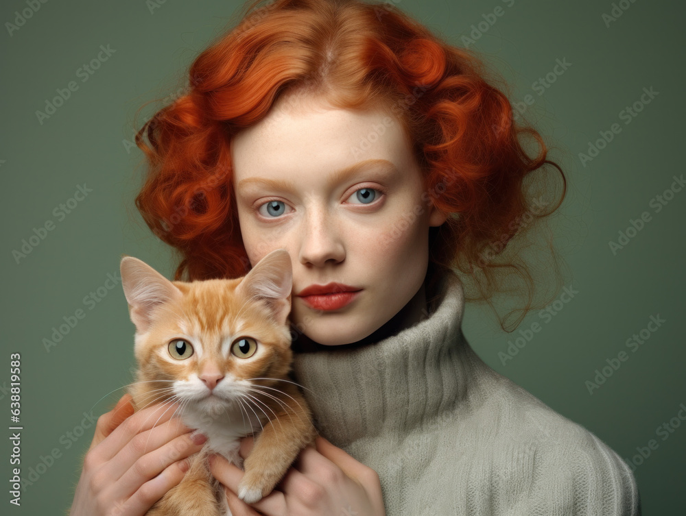 Beautiful and confident young woman with red hair holding her beloved ...