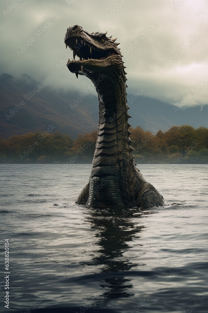 loch ness monster, the famed lake monster of Loch Ness in Scotland, rears out of the waters of ...