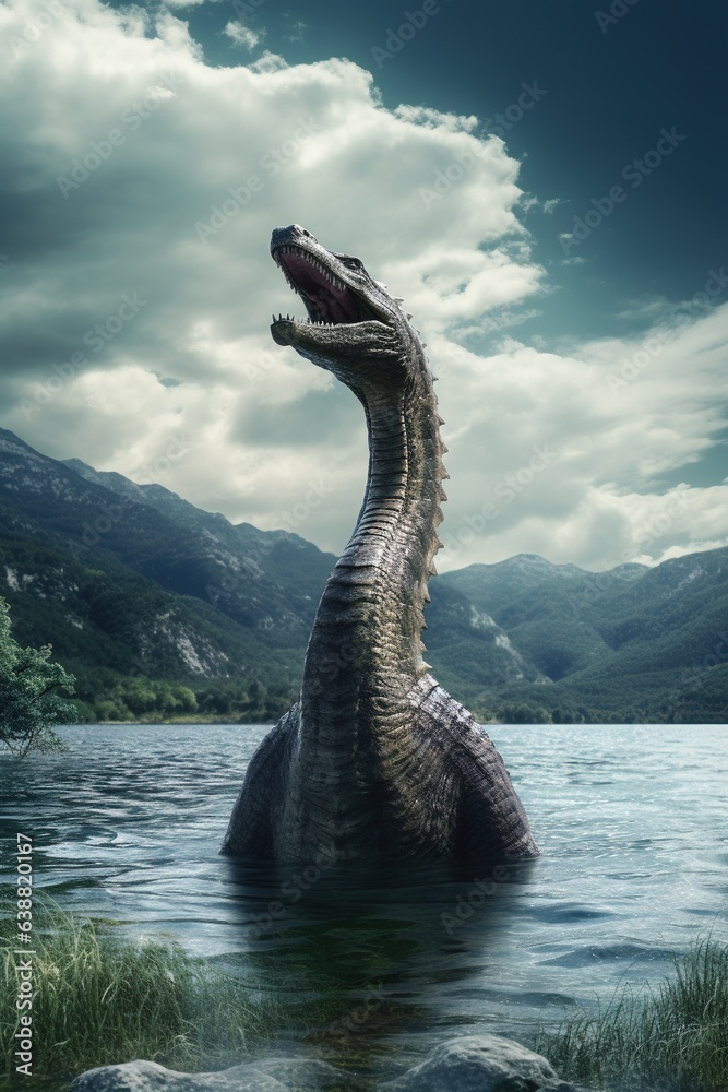loch ness monster, the famed lake monster of Loch Ness in Scotland, rears out of the waters of ...