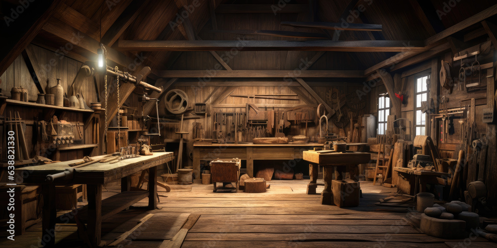 Woodworking workshop. mid - century era. An old brick shed type wood ...