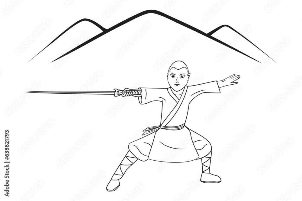 Chinese Buddhist monk or shaolin monk in kung fu action with sword ...
