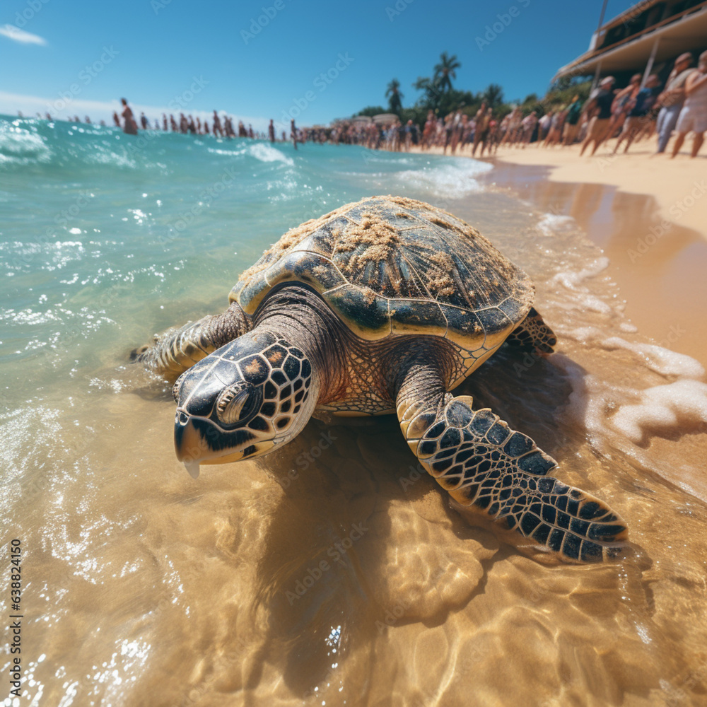 sea turtle on a beach is observed by tourists, ai generated Stock ...