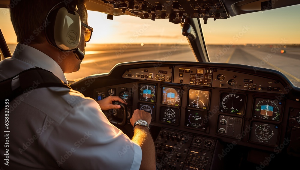 Pilot in the cockpit of a plane during flight at sunset. Stock Photo ...