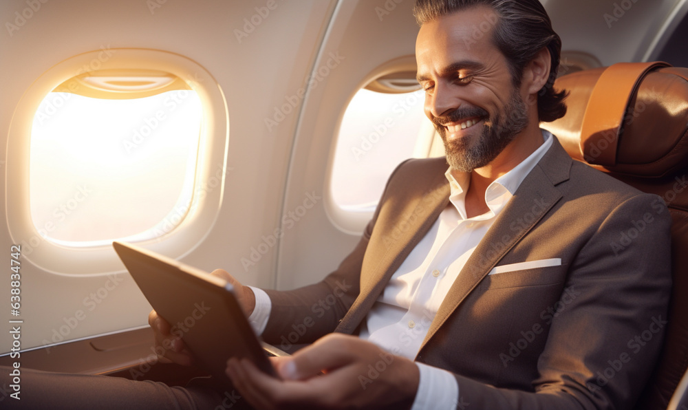 Smiling happy businessman flying and working in an airplane in first ...