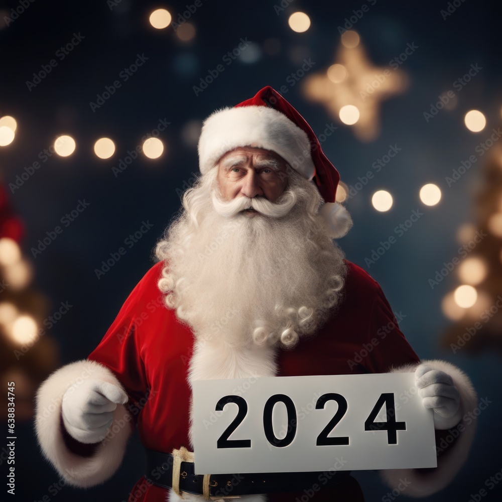 Santa Claus holding a poster with text "2024". Christmas and New Years ...
