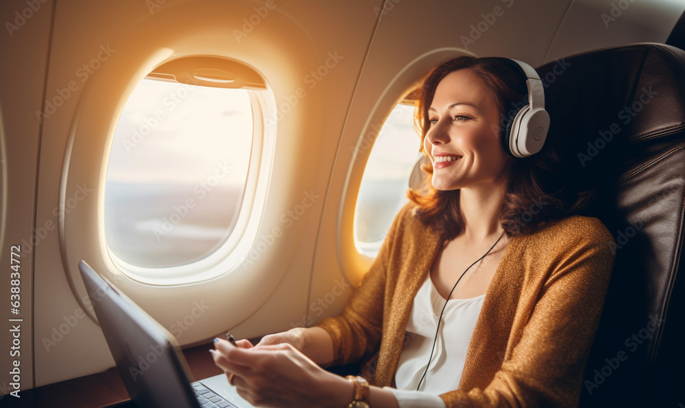 Smiling happy business woman flying and working in an airplane in first ...