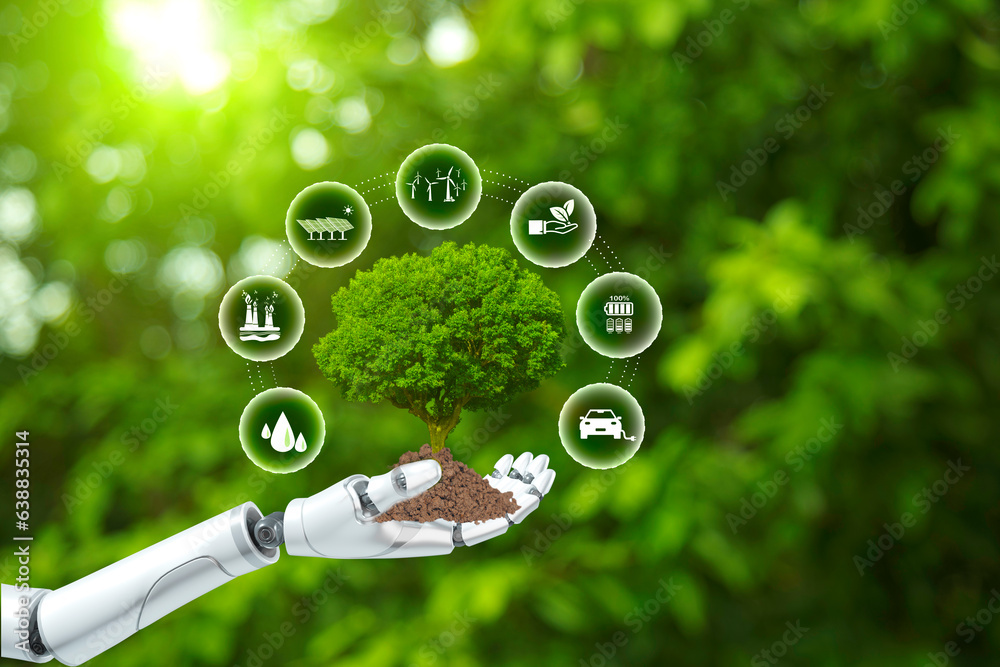 Green Energy Renewable Sustainable. AI machine learning, Green tree growing in robotic hand on ...