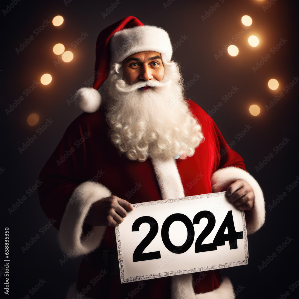 Santa Claus holding a poster with text "2024". Christmas and New Years ...