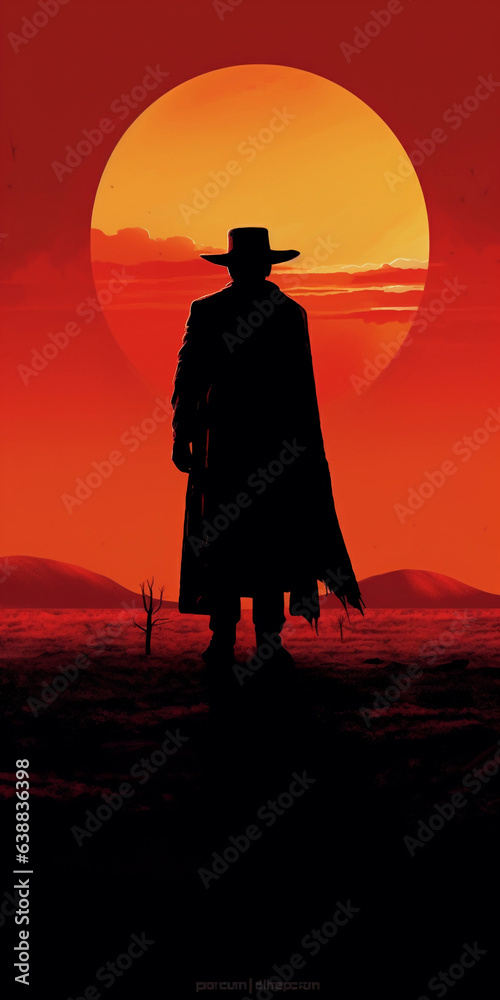 A cowboy in the background of a Texas, Classic retro western movie ...